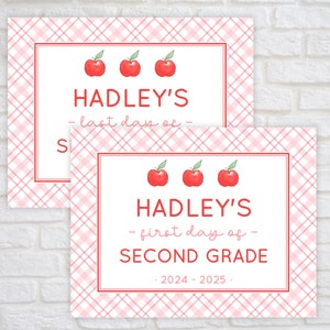 First Day of School Sign Printable, Pink Plaid Apple Back to School ...