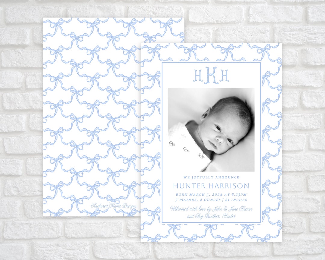 Printable Birth Announcement Card, Monogrammed Baby Boy Announcement ...