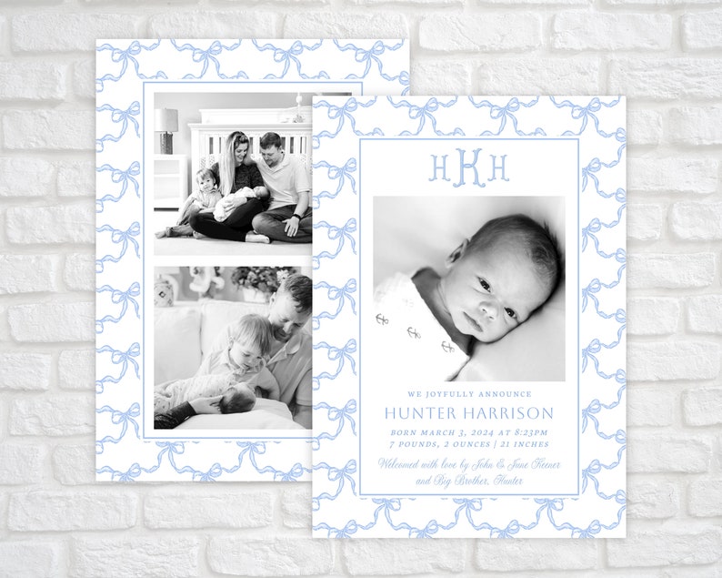 Printable Birth Announcement Card, Monogrammed Baby Boy Announcement ...