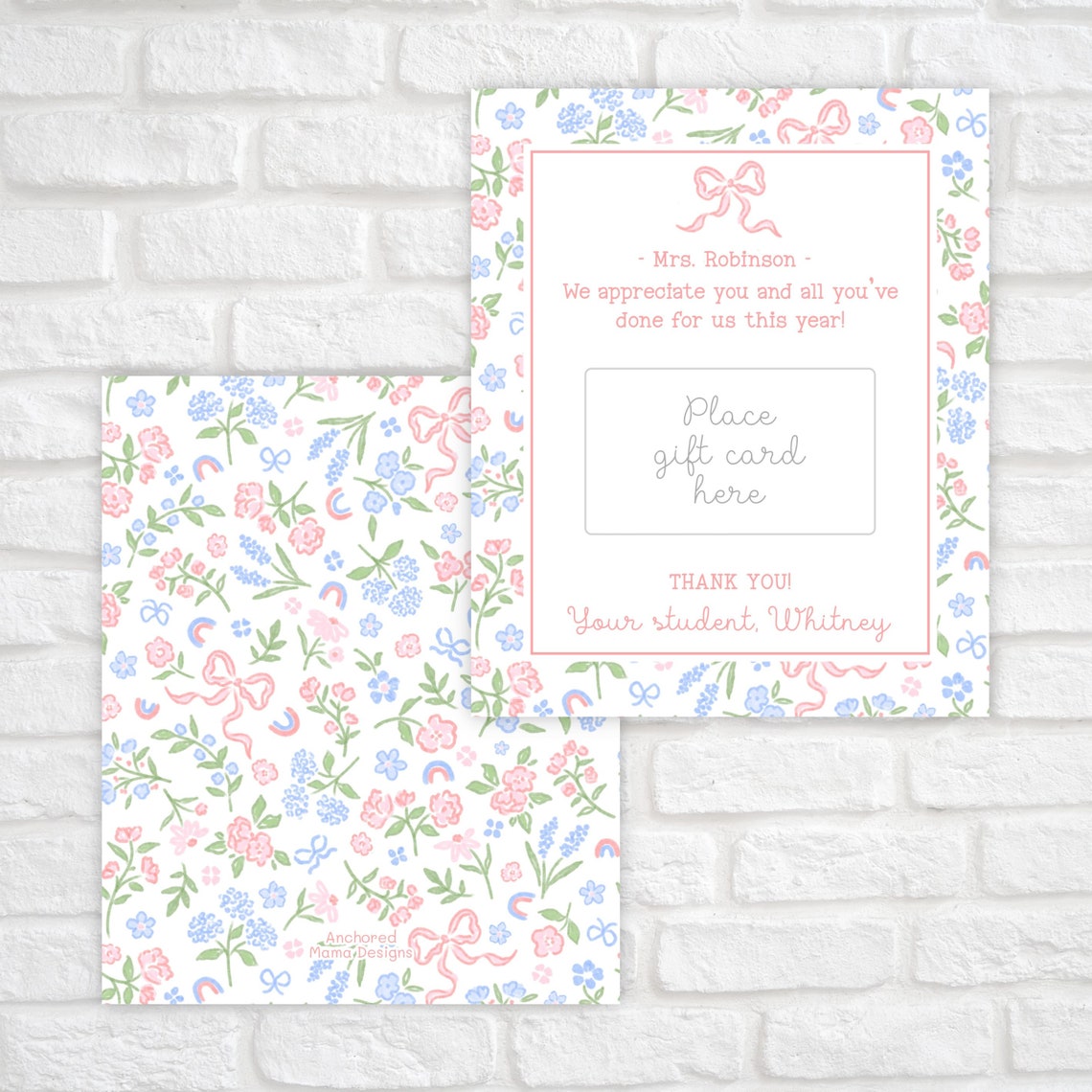 Printable Pink Bow and Floral Teacher Appreciation Gift Card - Etsy