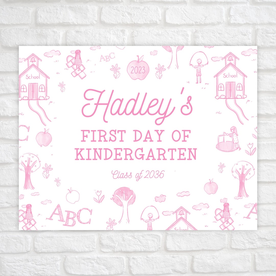 First Day of School Sign Printable, Watercolor Pink Toile 1st Day of ...