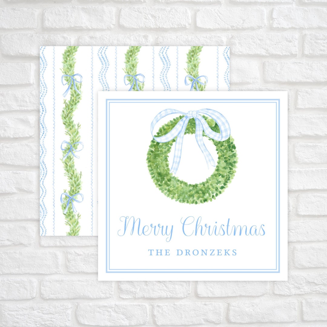 Christmas Gift Tags Printable, Blue Gingham Bow Wreath Christmas Gift ...