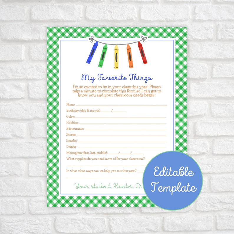 Editable Teacher Questionnaire Printable Teachers Favorite - Etsy