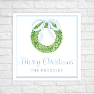 Christmas Gift Tags Printable, Blue Gingham Bow Wreath Christmas Gift ...