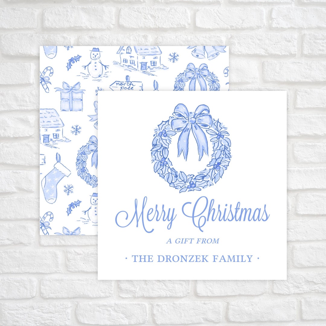 Printable Christmas Gift Tags, Blue Toile Wreath Christmas Gift Tag ...