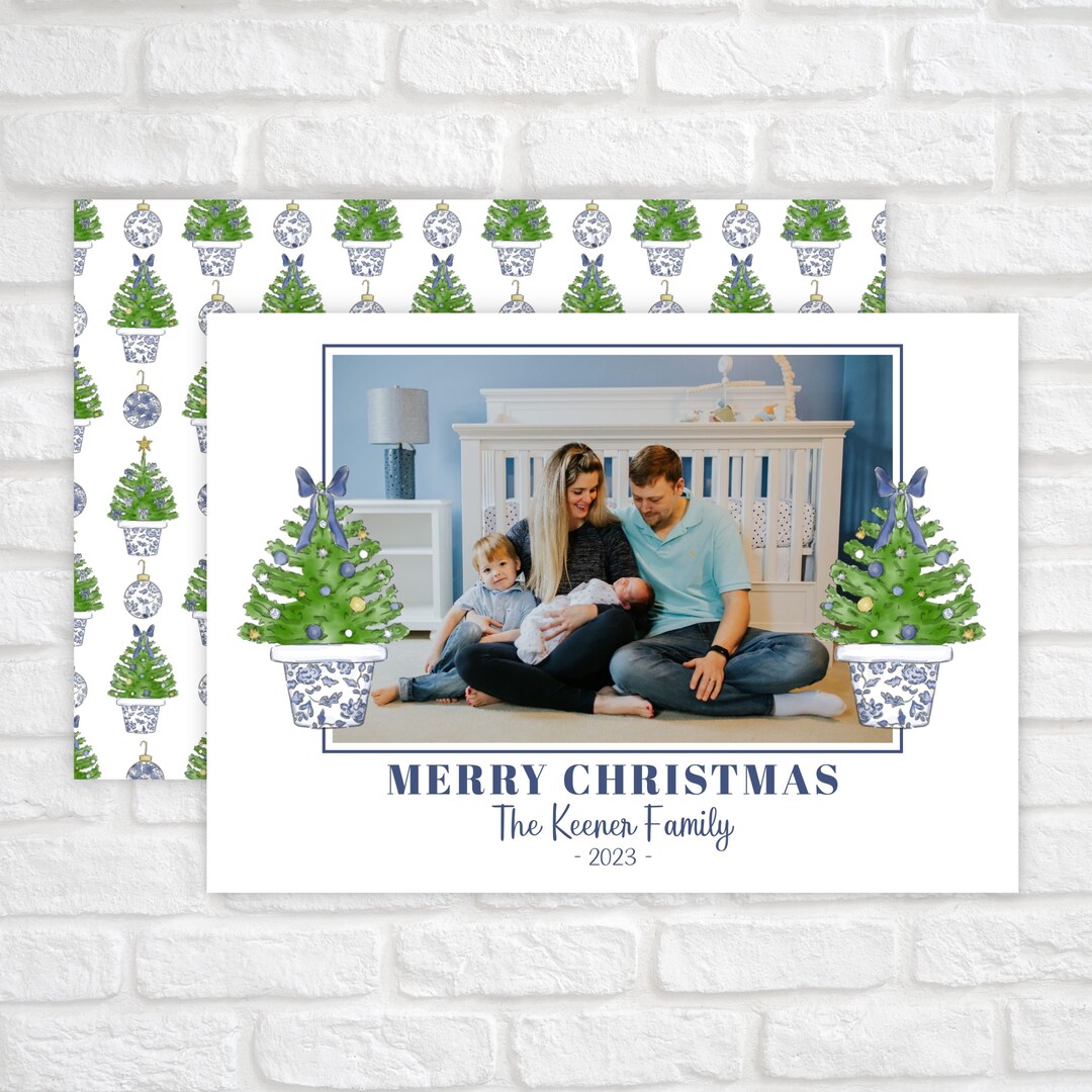 Chinoiserie Christmas Tree Photo Card Template, Watercolor Christmas ...
