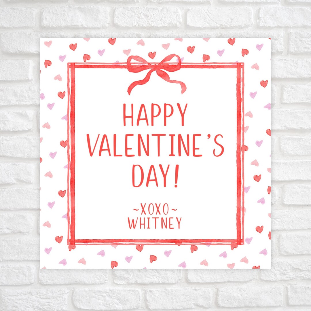 Printable Valentine Cards for Kids, Watercolor Heart Valentine Tag, Bow ...