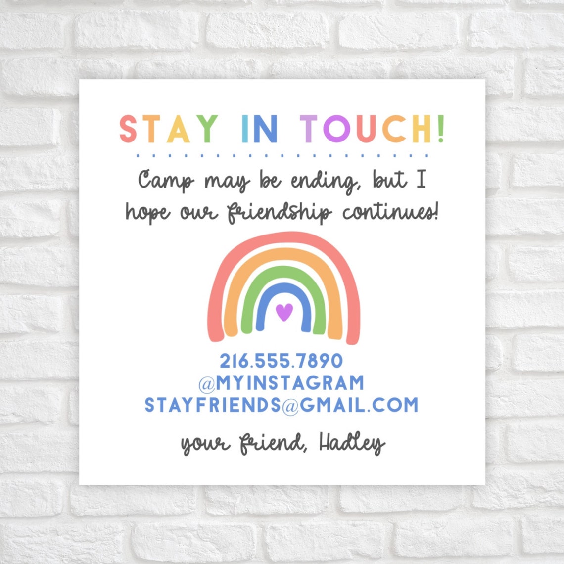 Printable Camp Calling Card, Camp Contact Card, Summer Playdate Camp ...