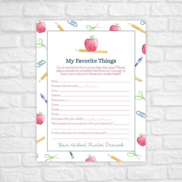 Get to Know Teacher Questionnaire - Etsy