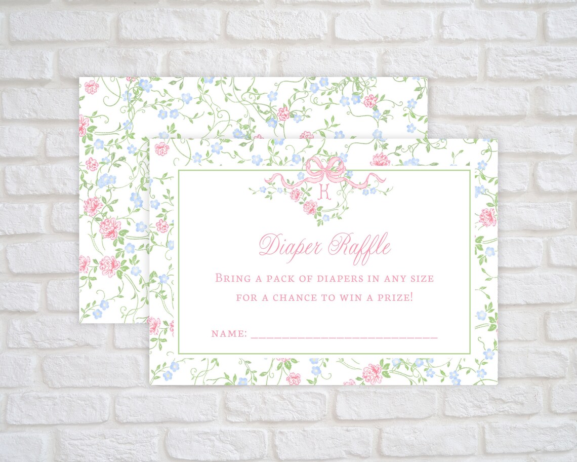 Editable Diaper Raffle Card, Floral Vines and Pink Bow Baby Shower Game ...