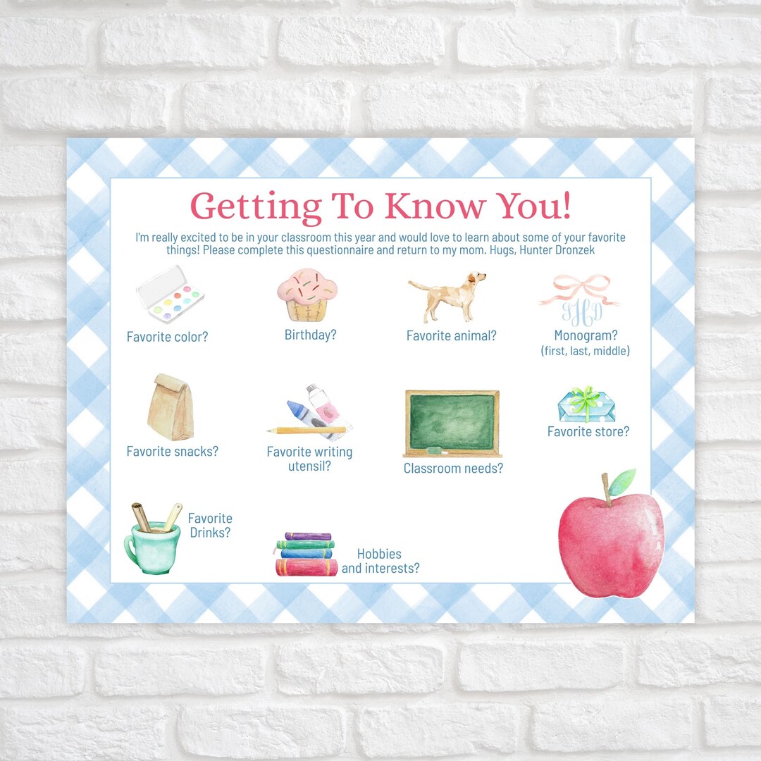 Get to Know the Teacher Questionnaire, Watercolor Teacher Favorite ...