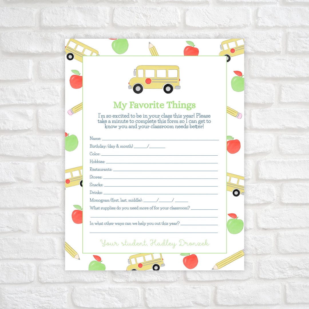 Get to Know the Teacher Questionnaire, Teacher Favorite Things ...
