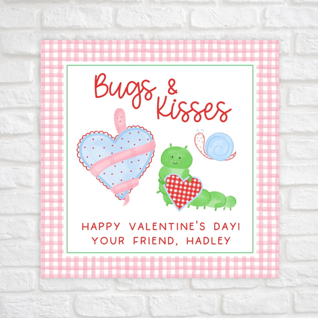 Printable Valentine Cards for Kids, Bugs and Kisses Valentine Tag ...