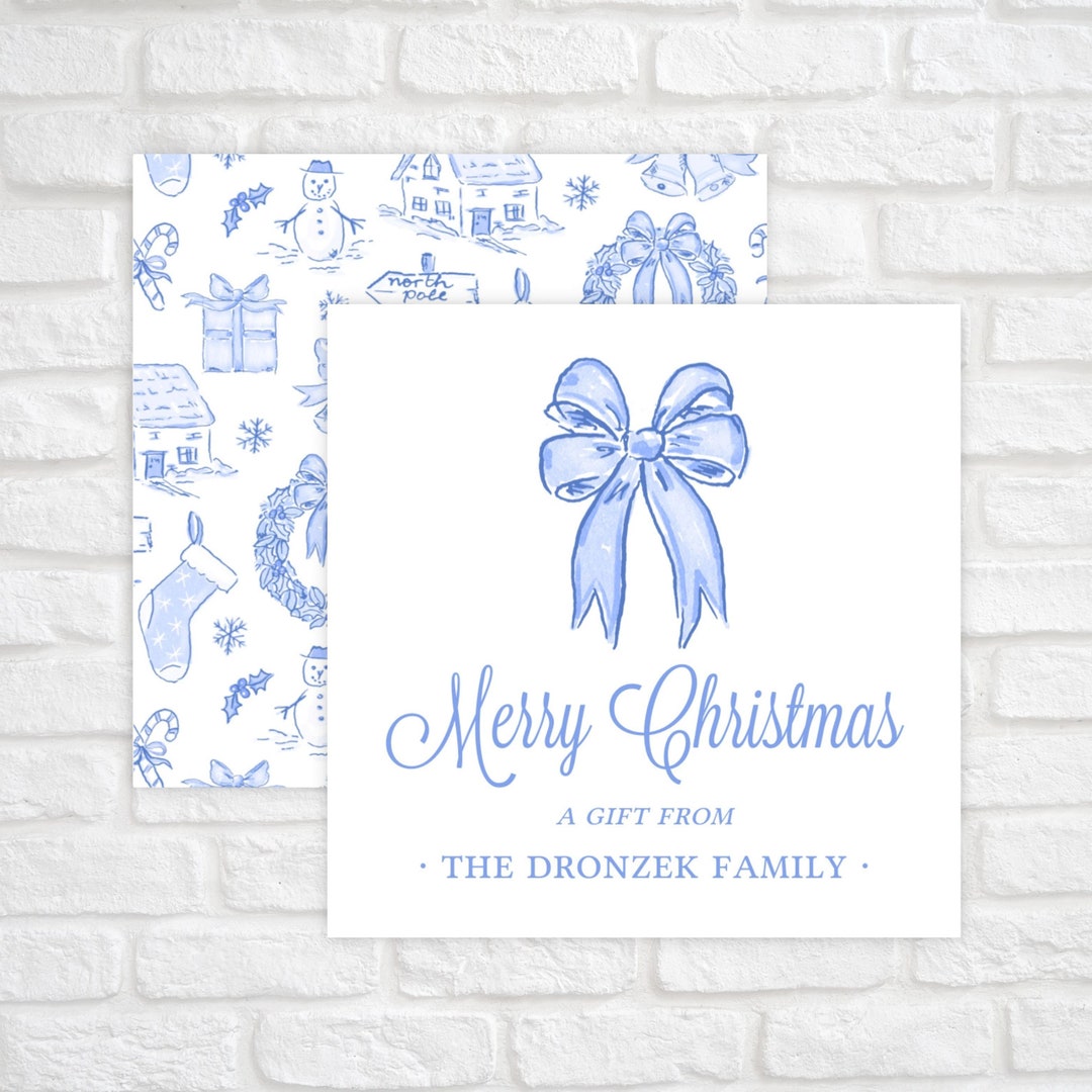 Toile Christmas Gift Tags Printable, Blue Bow Christmas Gift Tag ...