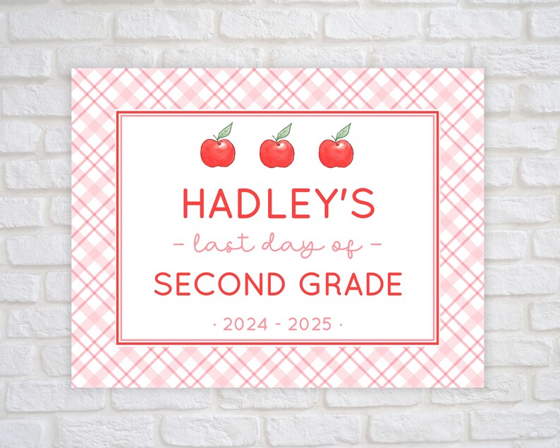 First Day of School Sign Printable, Pink Plaid Apple Back to School ...