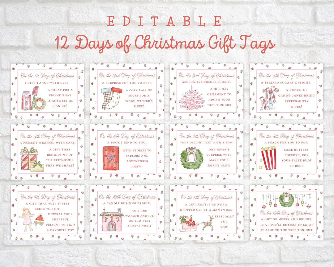 Editable 12 Days of Christmas Tags, Printable 12 Days of Christmas Gift ...