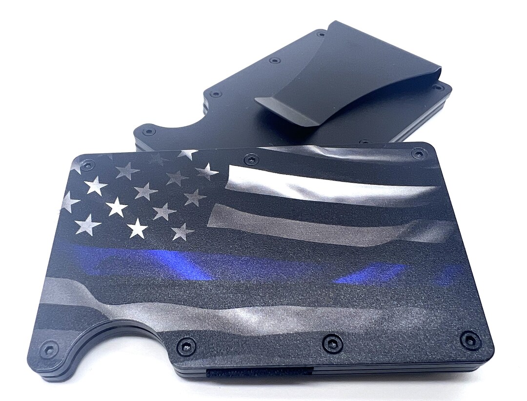 Thin Blue Line Wavy American Flag RFID Wallet and Money Clip | UV ...