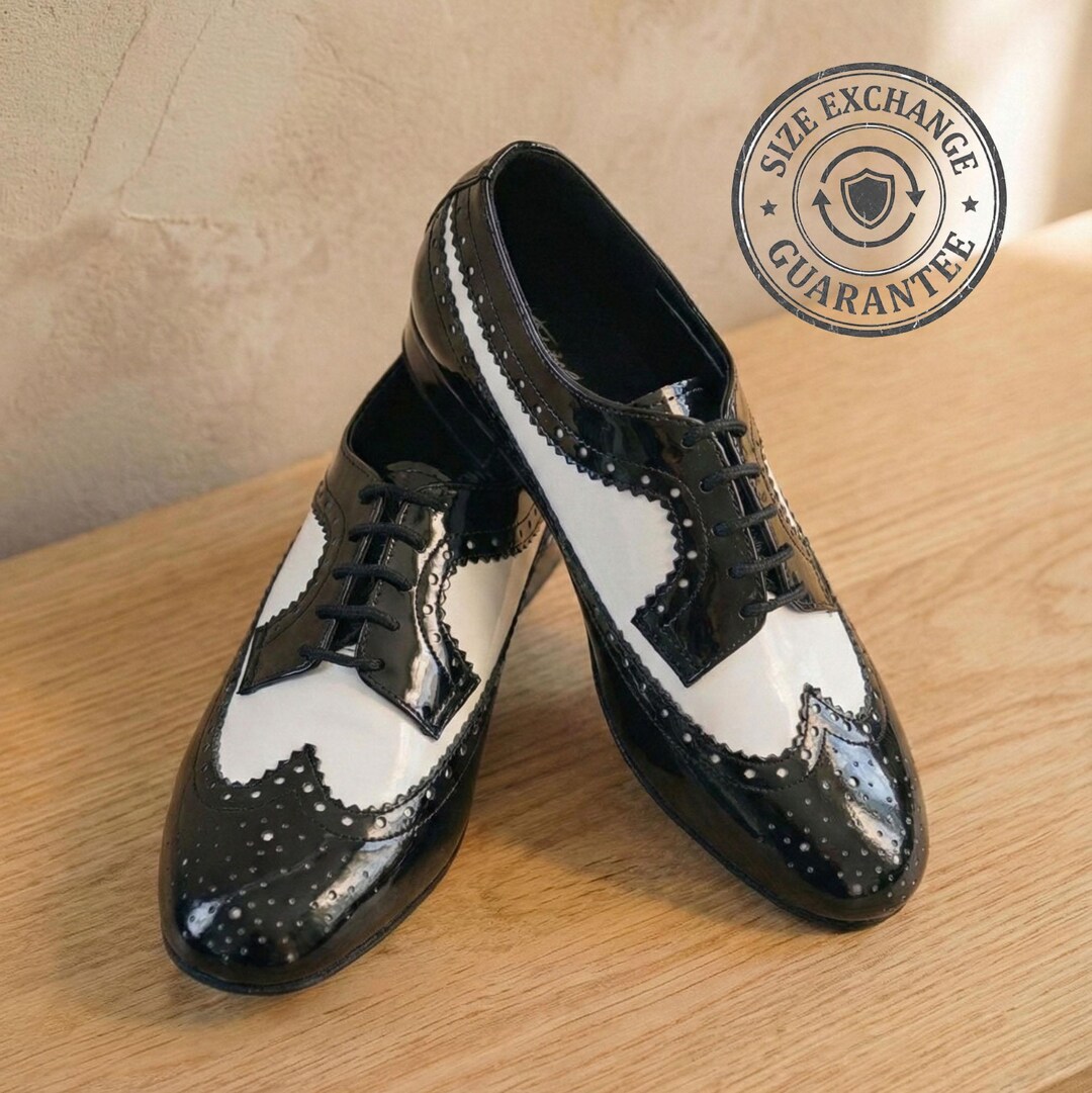 Black and White Patent Leather Tango Shoes | Men’s Wingtip Dance Shoes ...