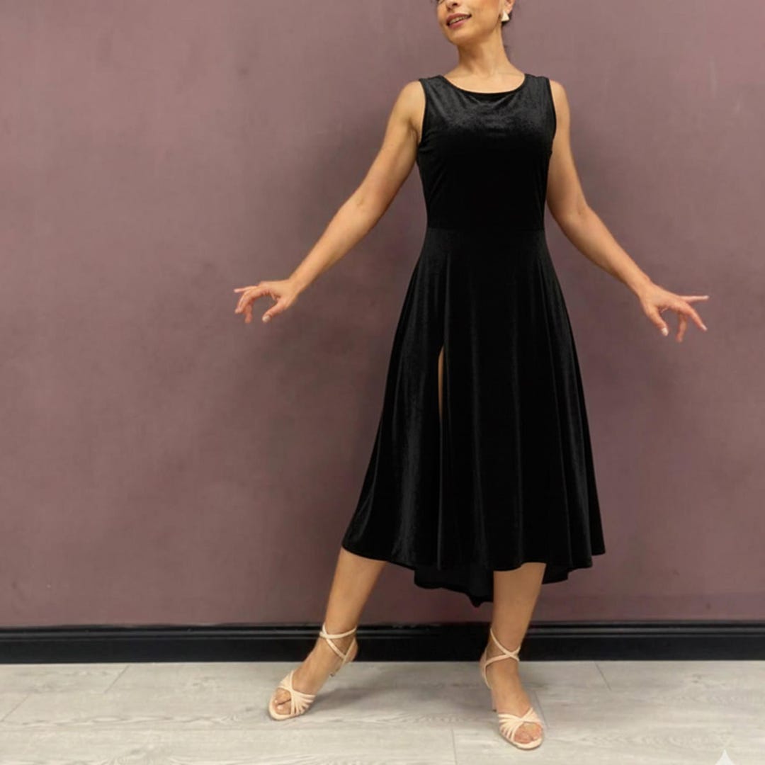 Black Velvet Tango Dress – Slit Front Latin Dance Dress – Elegant ...