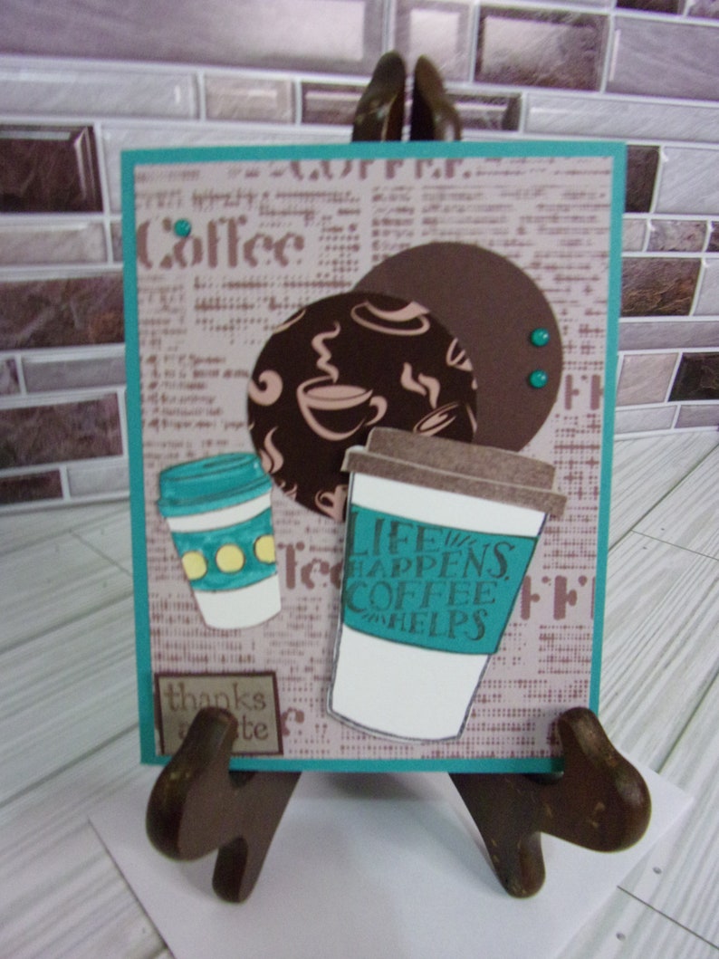 Coffee Themed Thank You Greeting Card Handmade Hand Stamped Teal and ...