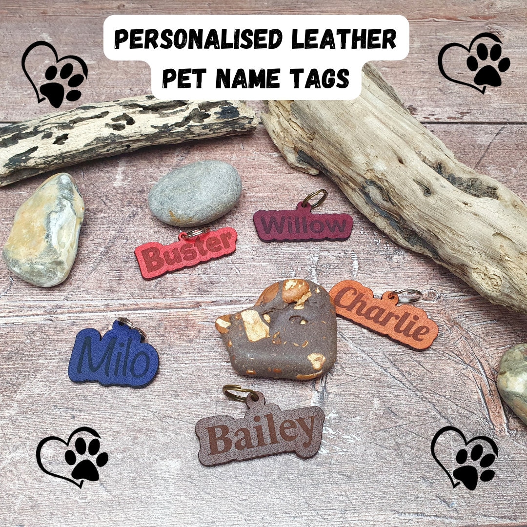 Pet Name Tags, Handcrafted Leather Pet ID Name Collar Tags, Custom Made ...