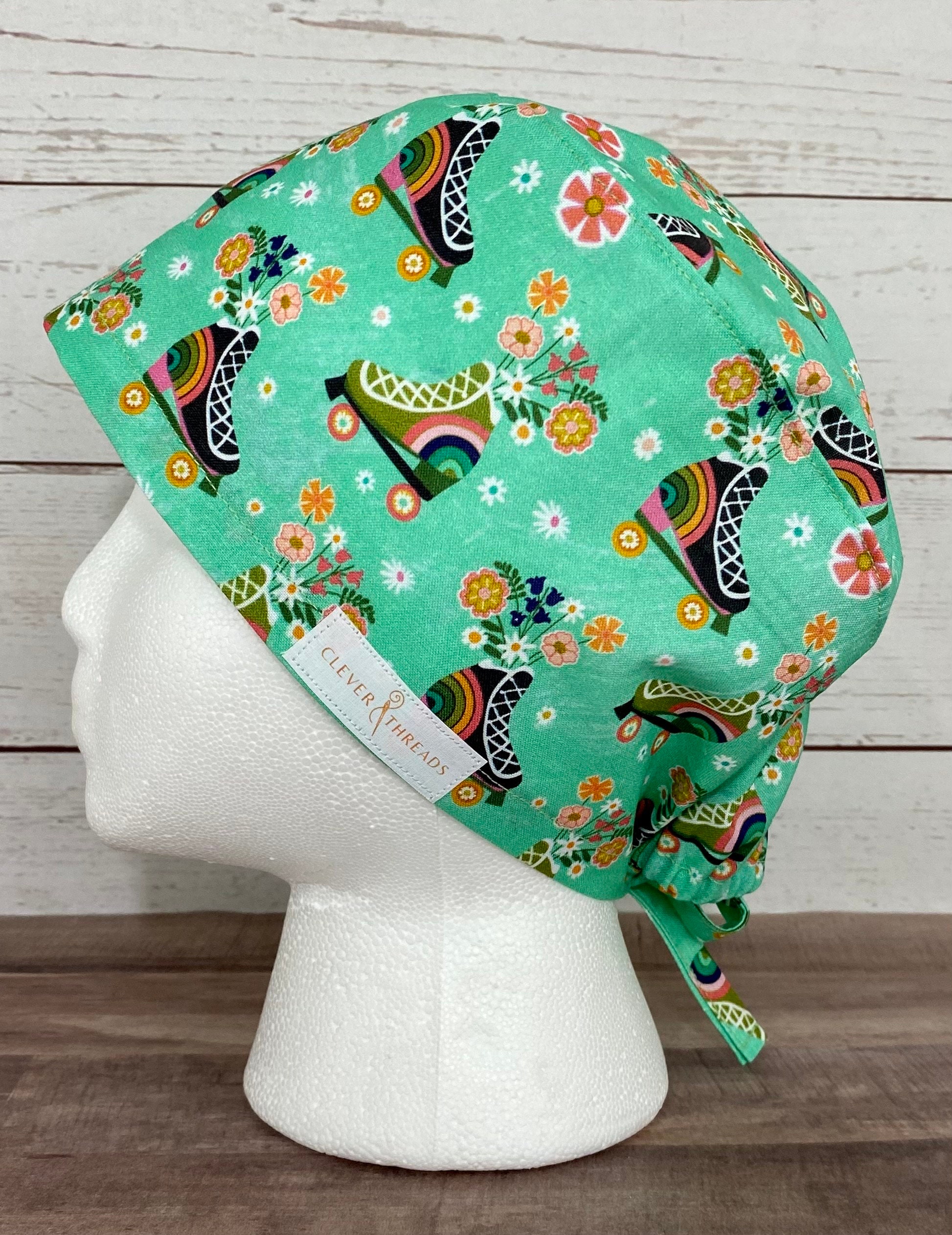 Retro 70's Flower Power Roller Skate Handmade Tie Back Fitted Surgical ...