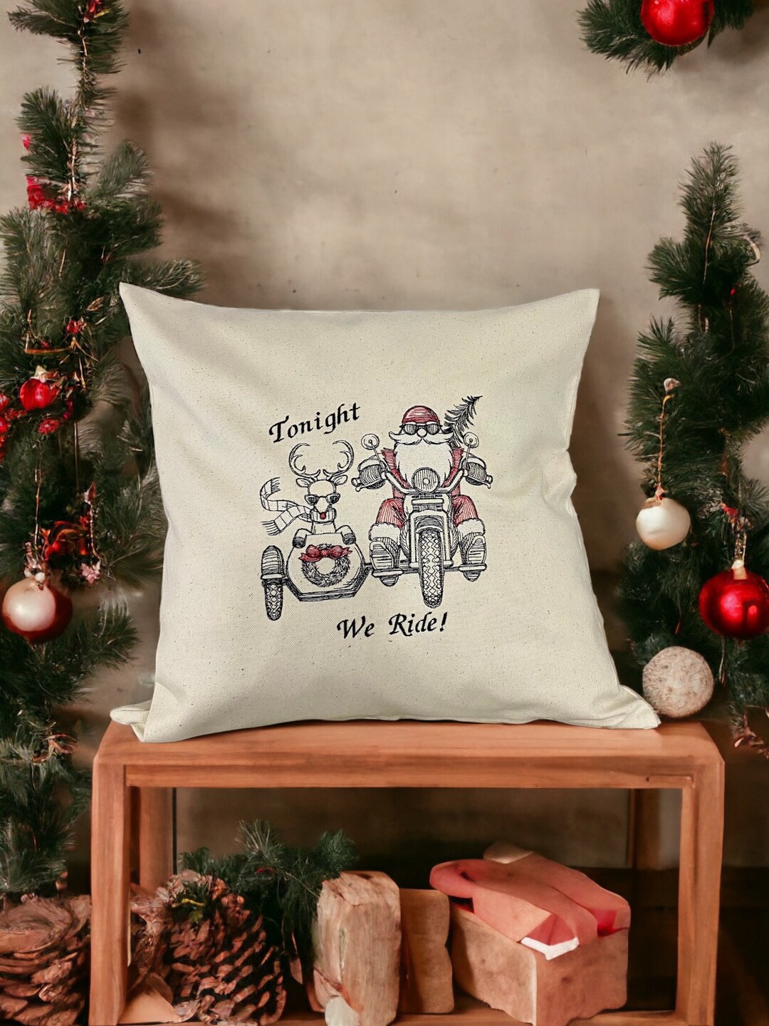 Funny Christmas Motorcycle Pillow Cover: Embroidered Santa & Rudolph ...