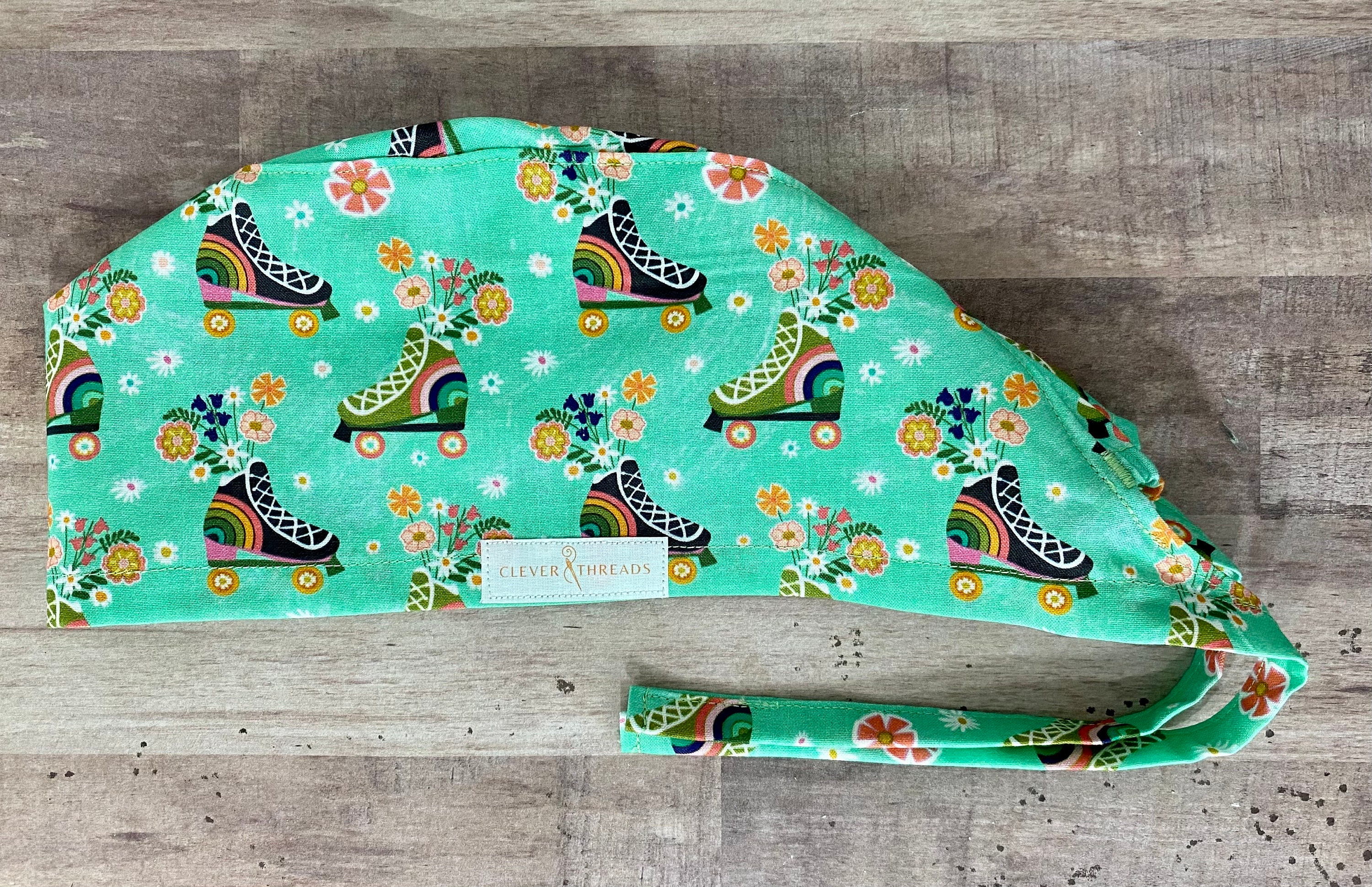 Retro 70's Flower Power Roller Skate Handmade Tie Back Fitted Surgical ...