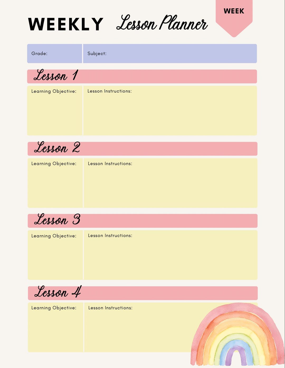 Weekly Lesson Planner Sheet - Etsy