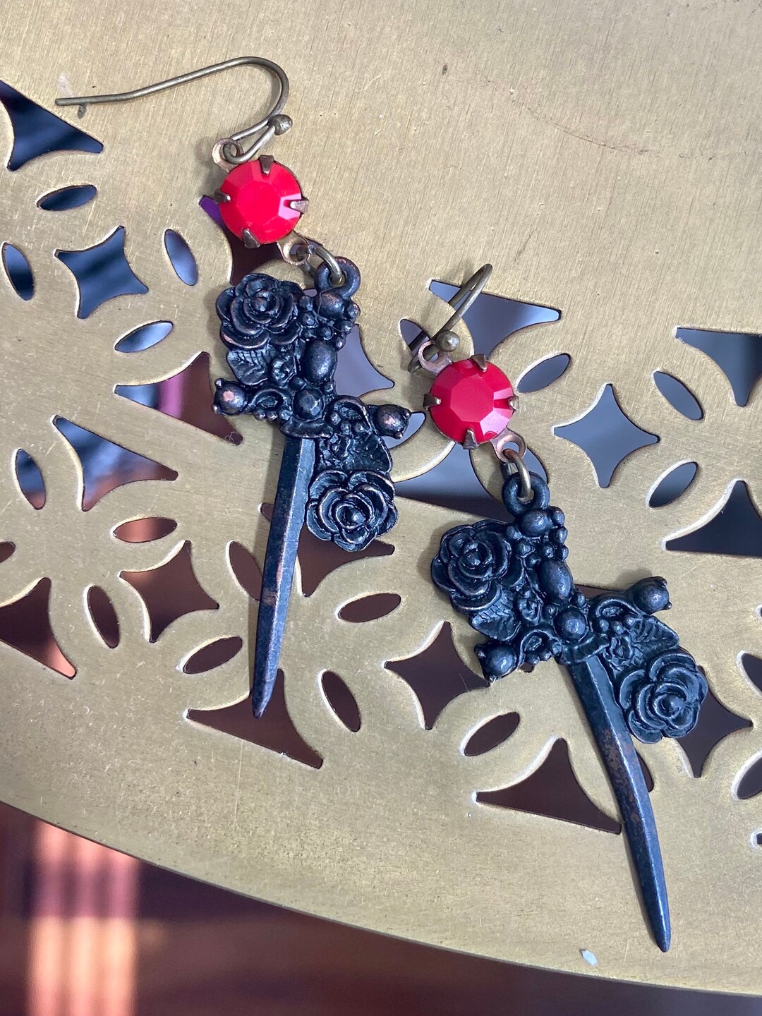 Gothic Sword Dangles! Black Rose Dagger, Blood Red Swarovski Crystals ...