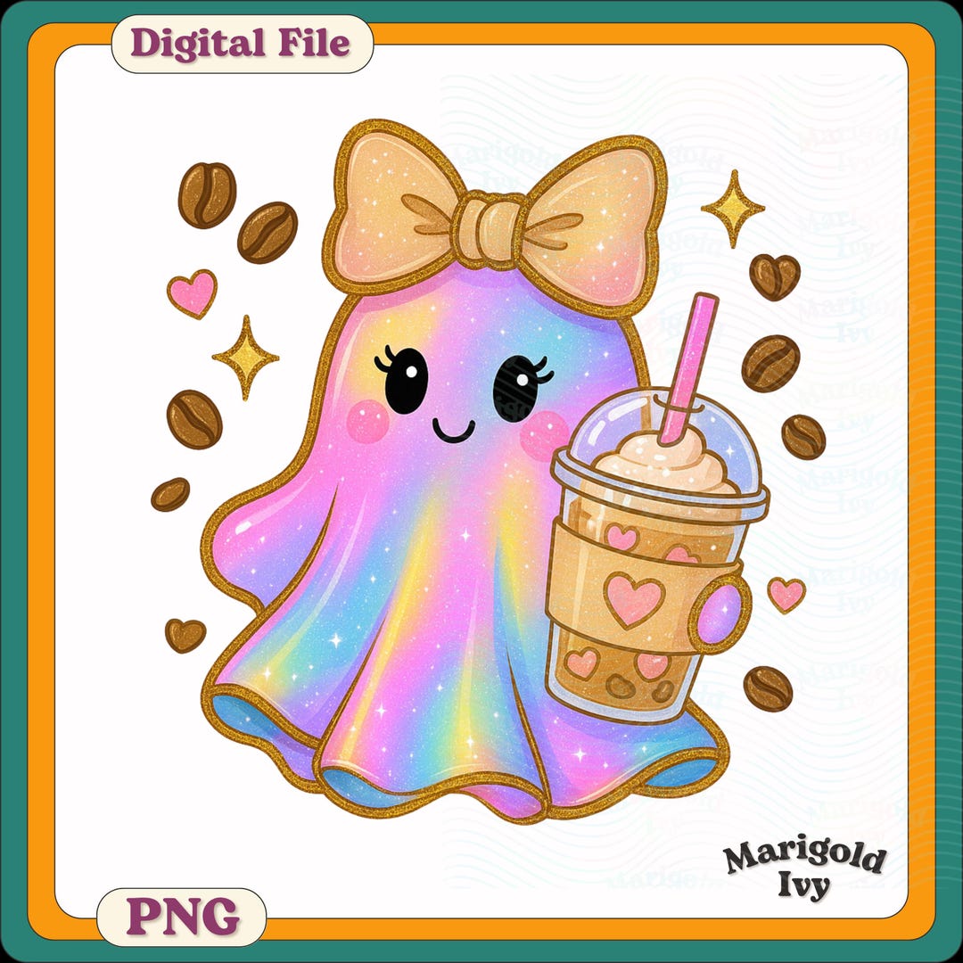 Summerween Png Preppy Ghost Png Coffee Ghost With a Bow Png Iridescent ...