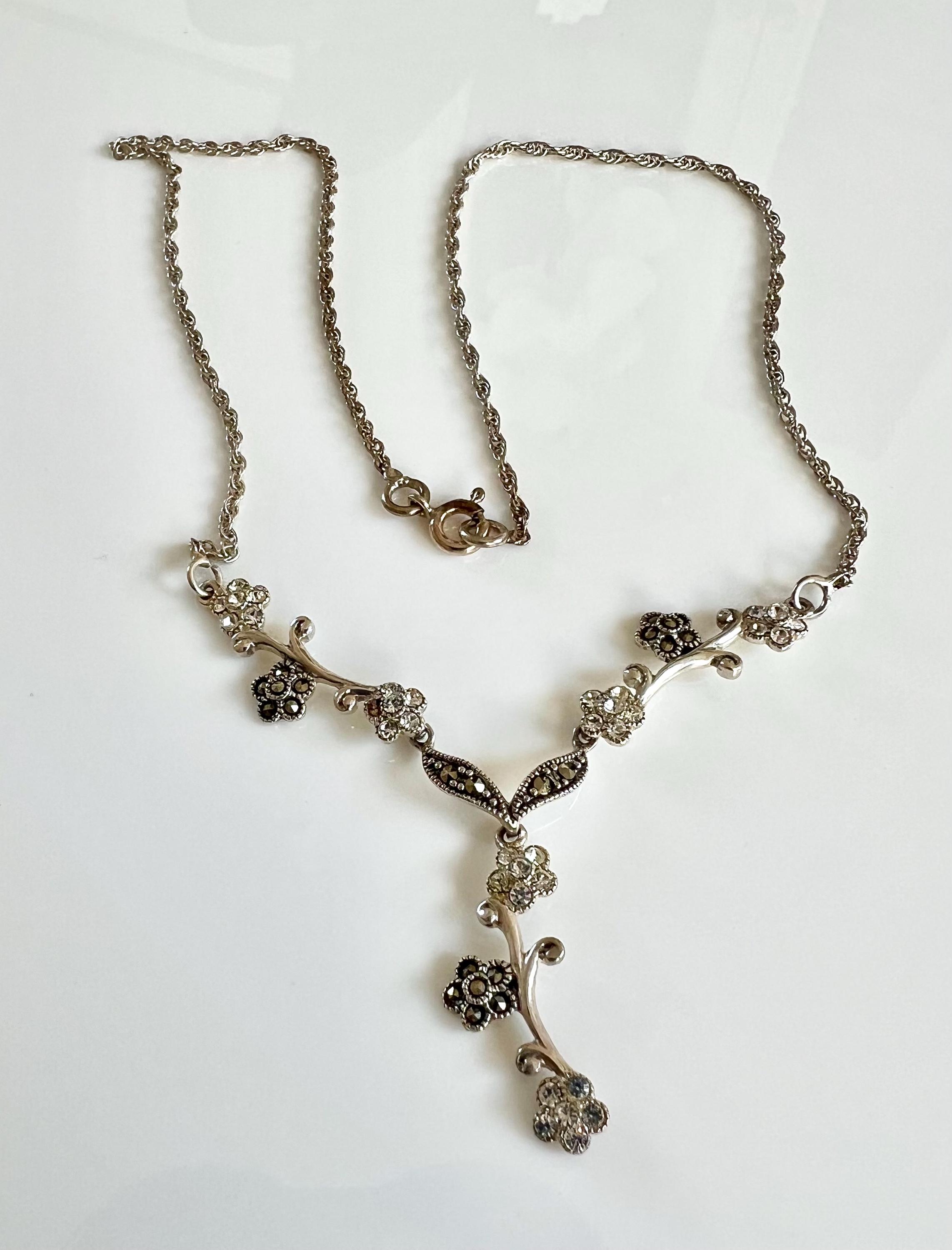 Sterling Silver Necklace Chain Link With Marcasite and Rhinestones - Etsy