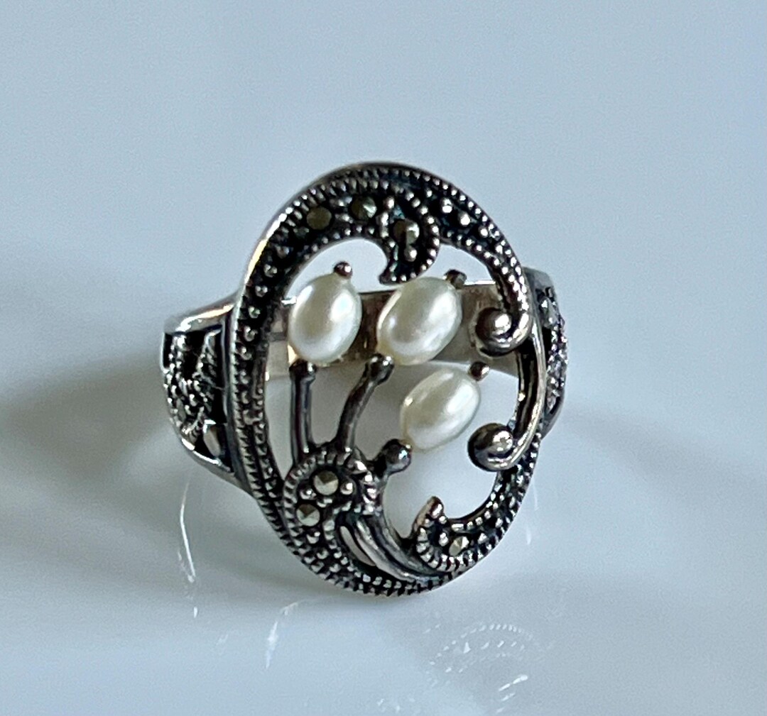 FAS Sterling Silver Marcasite Ring With Faux Pearls - Etsy