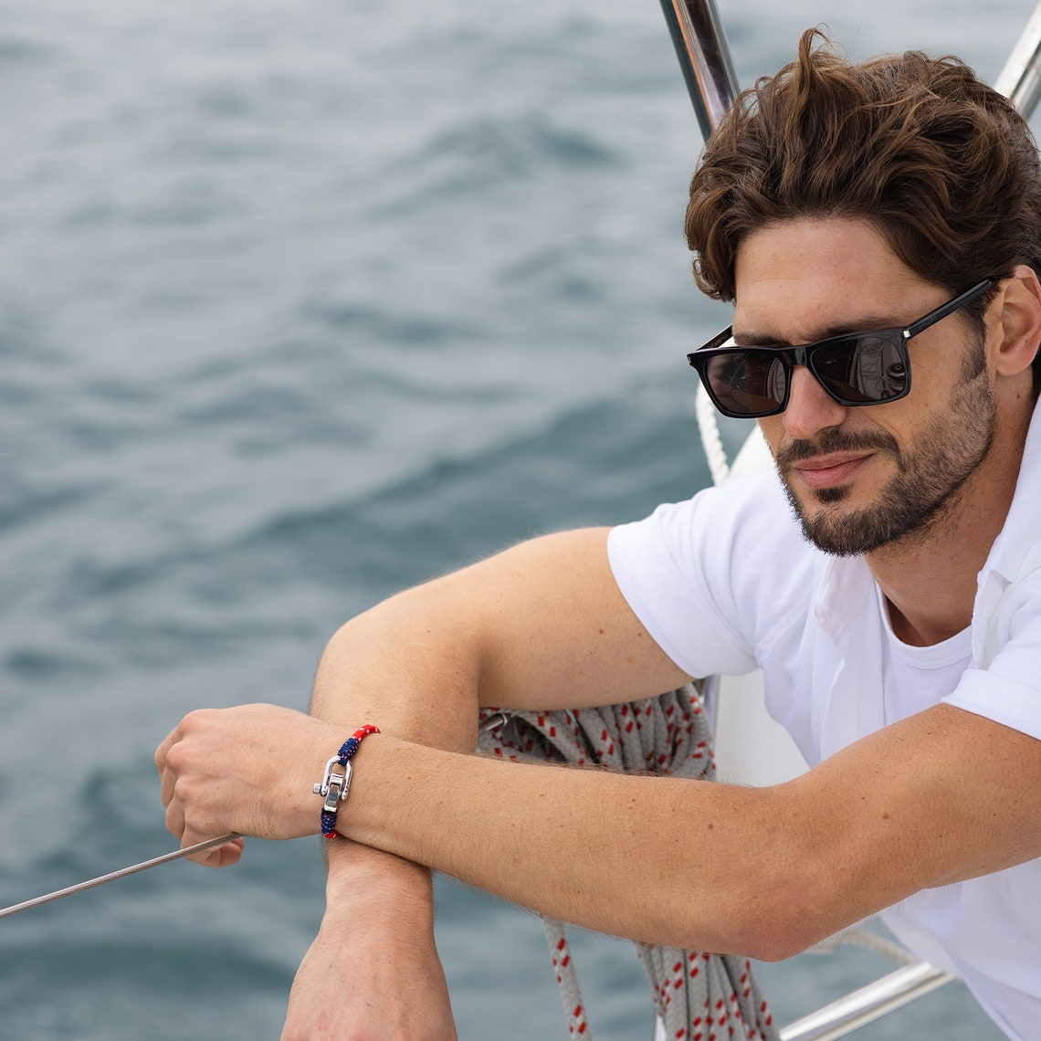 Nautical Men's Bracelet, Red Nylon Rope Jewelry, White Dotted Bracelet ...