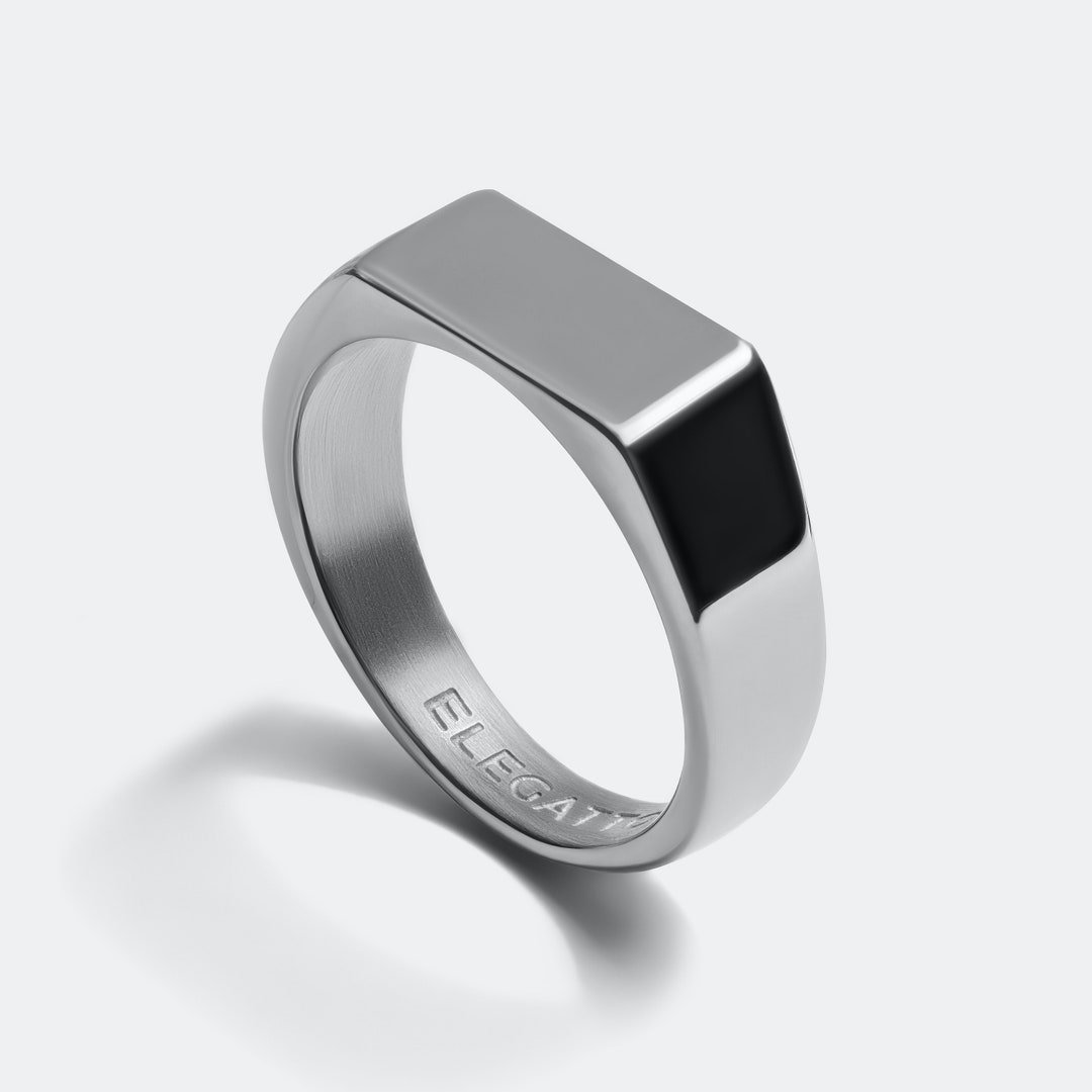 Silver Signet Ring for Men – Minimalist Stainless Steel Polished Mirror ...
