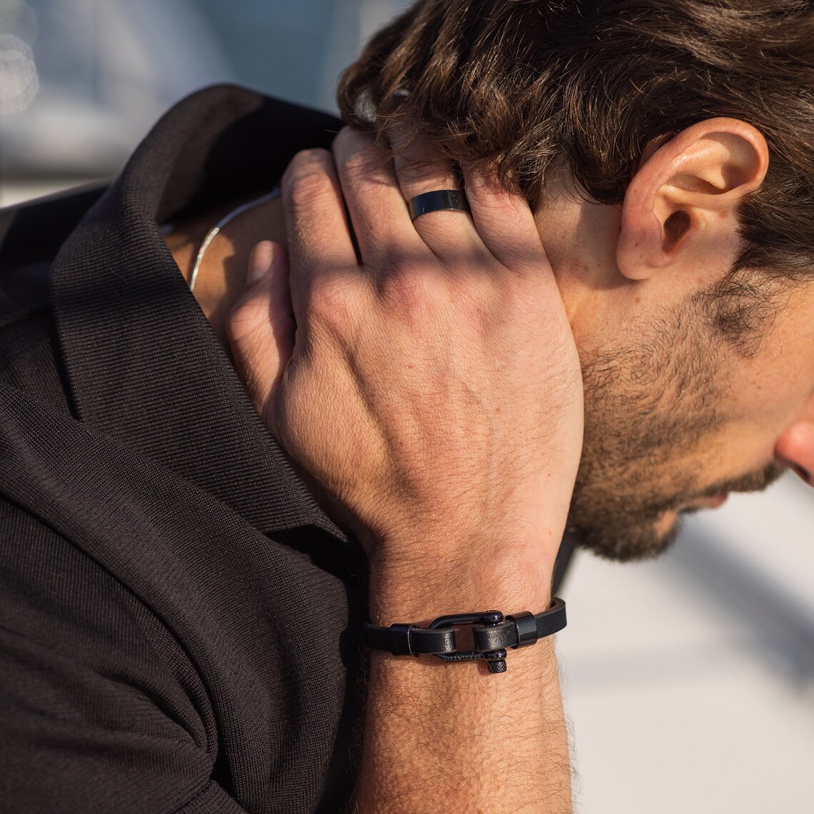 Black Leather Bracelet for Men - Elegatto Kellmore, Sleek All-black ...