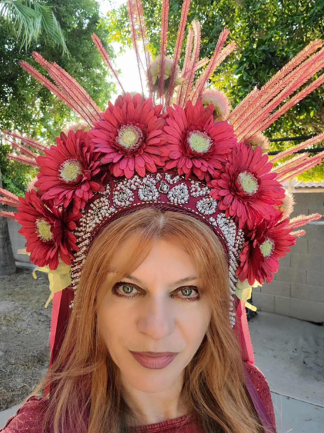 Burgundy Flower Headdress, Beaded La Catrina Crown - Etsy