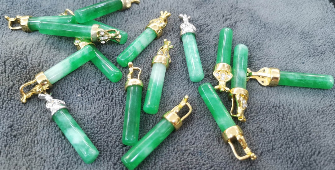 Column Burma Natural Jadeite Jade Pendant 8x30mm Bar Tube With 18k Gold ...