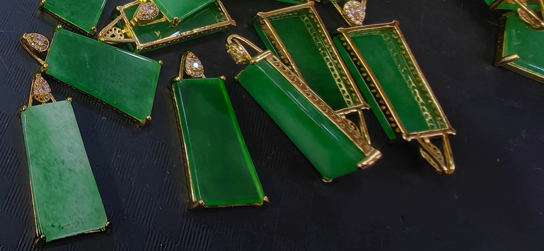 Green Jade Rectangle Pendant - Trapezium 22k Gold Palted Focal ...