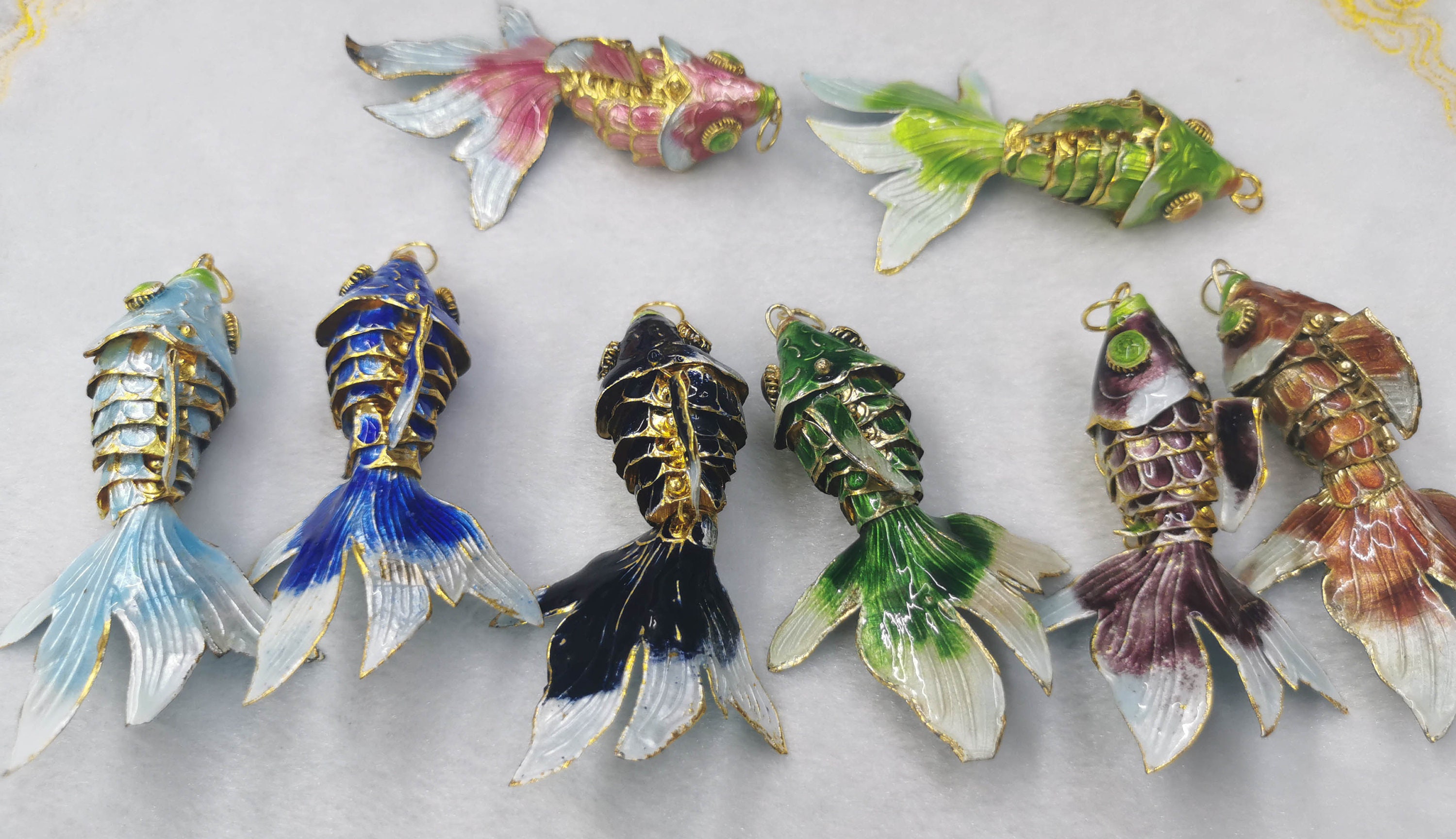 5PCS Handmade Cloisonne Articulated Fish Animal Brass Pendants-earrings ...