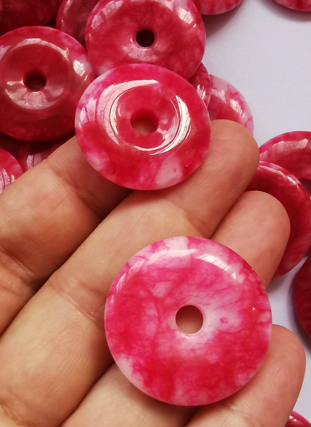 2pcs Hot Fuchsia Pink Jadeite Jade Gemstone Round Circle Donut Roundel ...