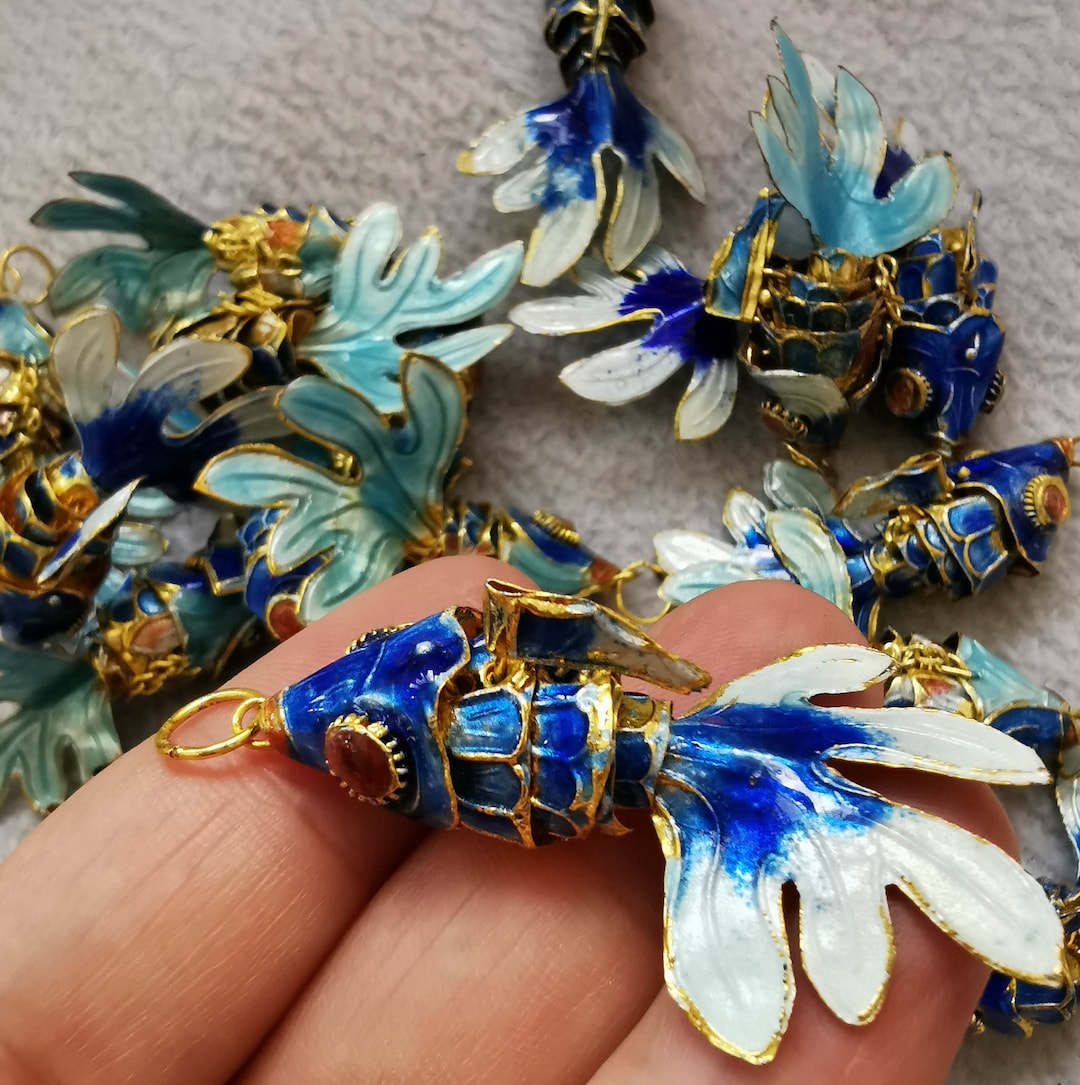 5PCS Handmade Cloisonne Articulated Fish Animal Brass Pendants-earrings ...