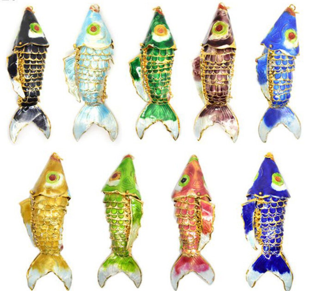 Large Handmade Cloisonne Articulated Fish Animal Gold Brass Pendants ...