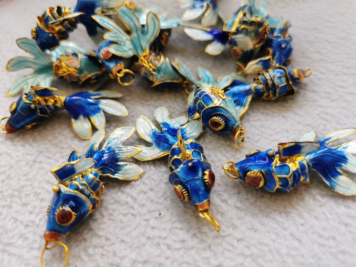 5PCS Handmade Cloisonne Articulated Fish Animal Brass Pendants-earrings ...