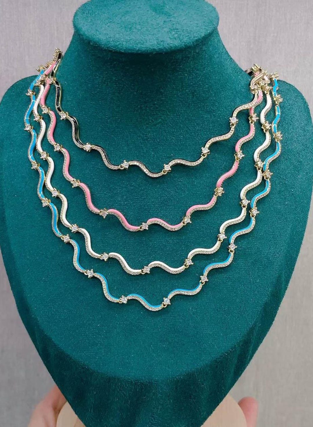 18k Gold Pave Wave Link Chain Necklace, Handmade Unique Linked Necklace ...