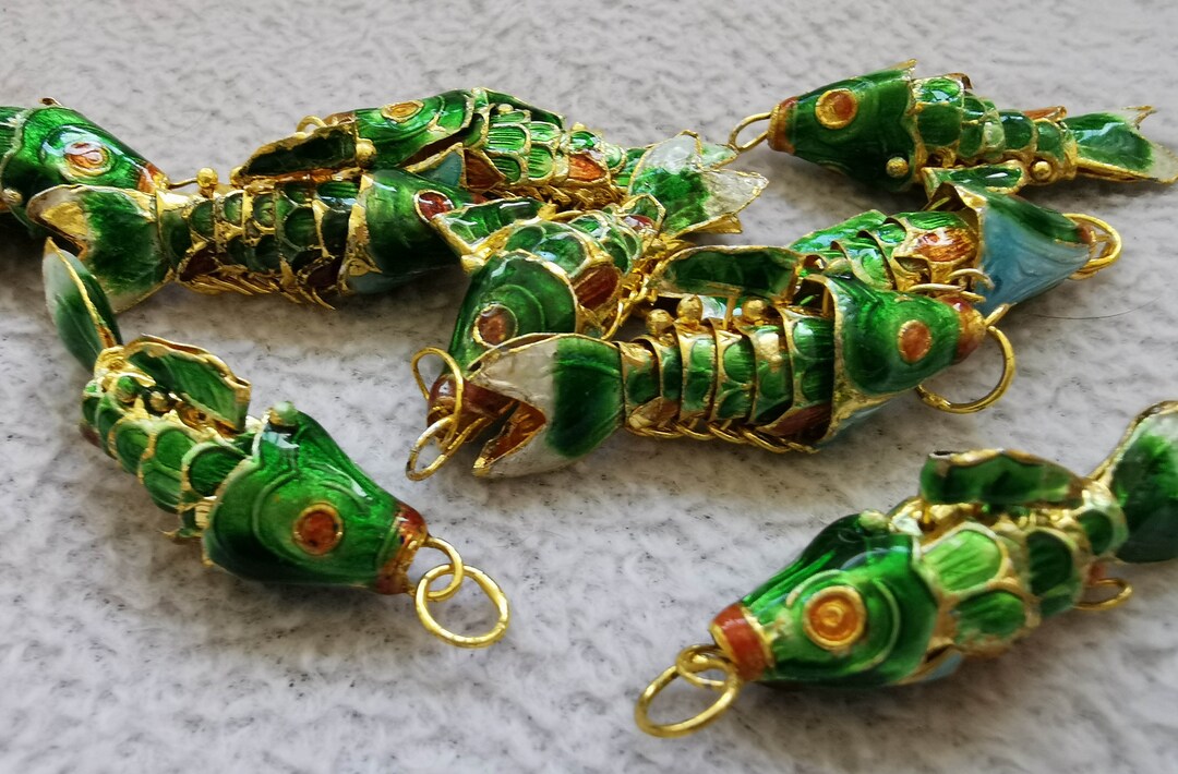 5PCS Handmade Cloisonne Articulated Fish Animal Gold Brass Pendants ...