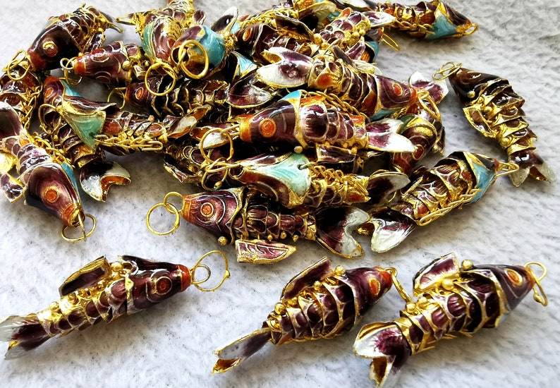 5PCS Handmade Cloisonne Articulated Fish Animal Brass Pendants-earrings ...