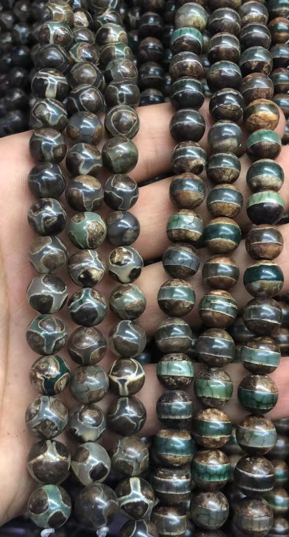 Handmade Tibetan DZI Agate Round Beads 16" Strand Evil Eye Black White ...