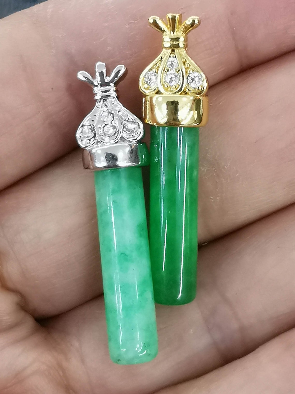 Column Burma Natural Jadeite Jade Pendant 8x30mm Bar Tube With 18k Gold ...