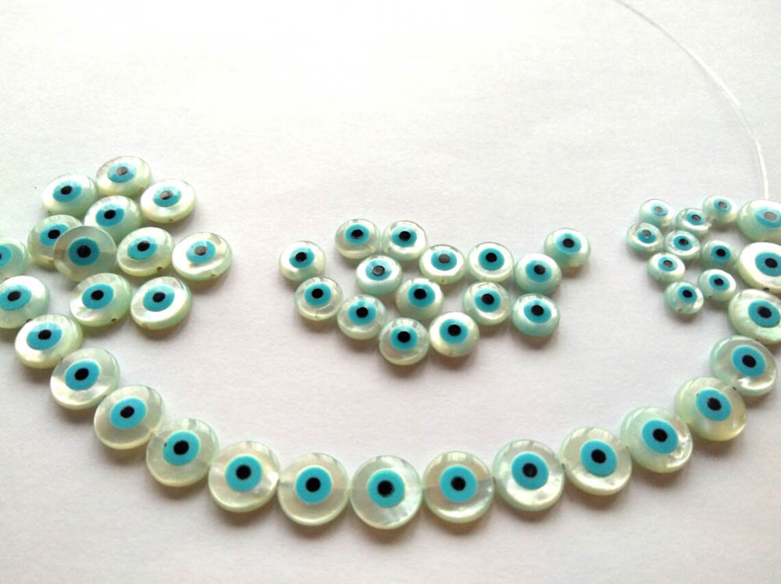 Wholesale 50pcs Mother of Pearl Evil Eye Beads, Double Sided Round ...